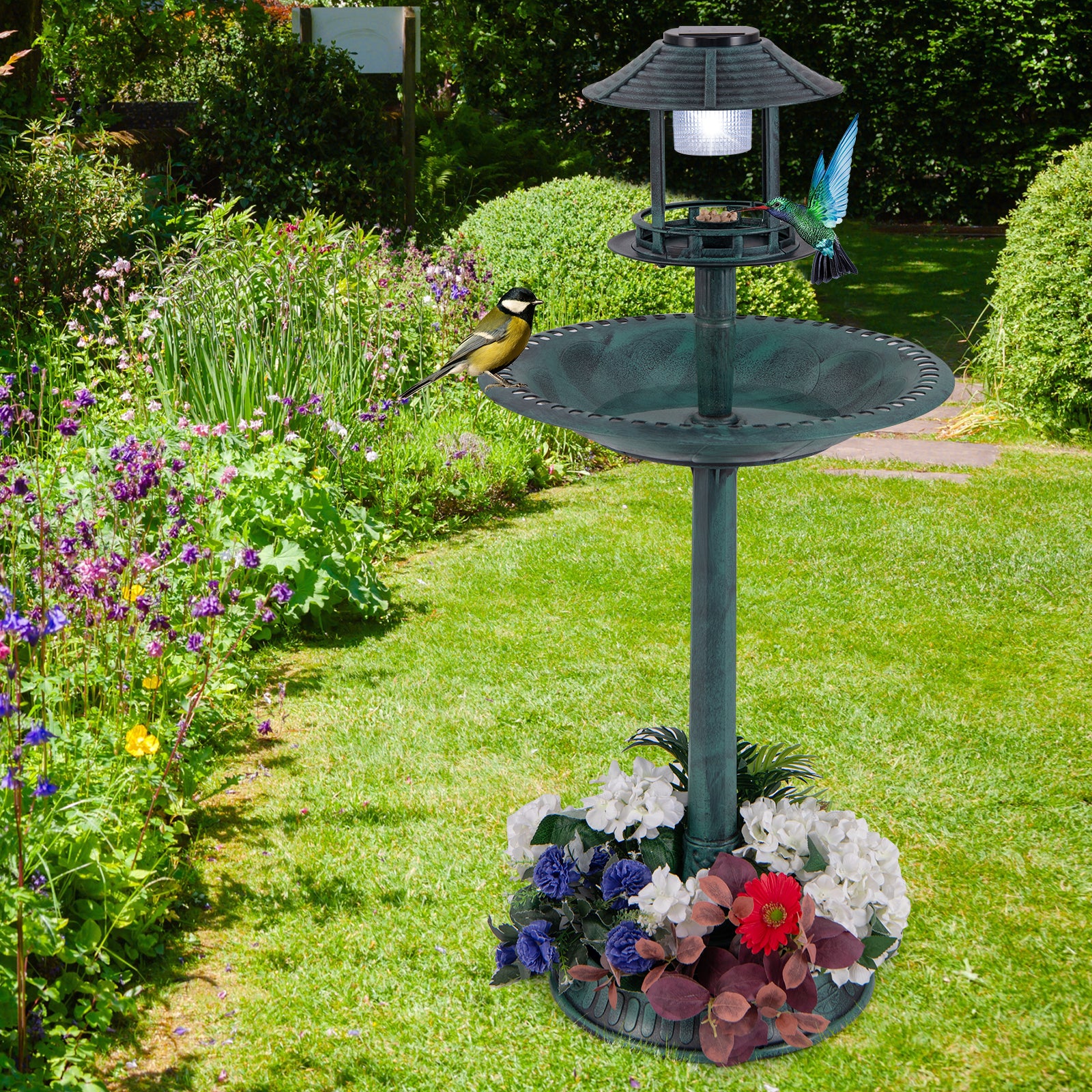 Outdoor Solar Lighted Bird Bath with Flower Planter Base-Bronze ...