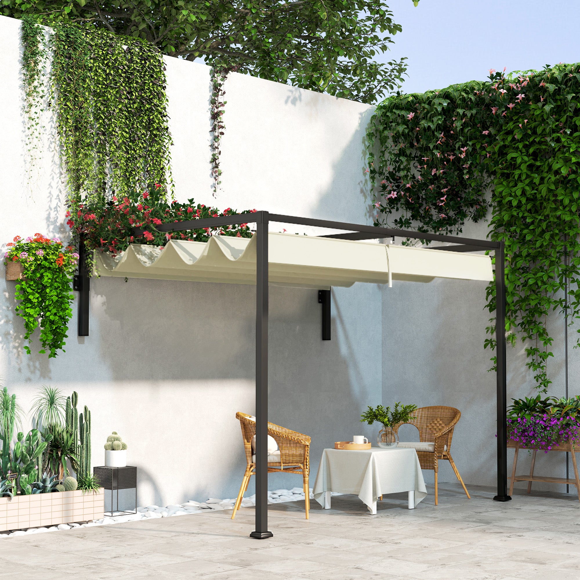 Outsunny 2 x 3(m) Lean To Steel Pergola, with Moving Fabric Canopy - K ...