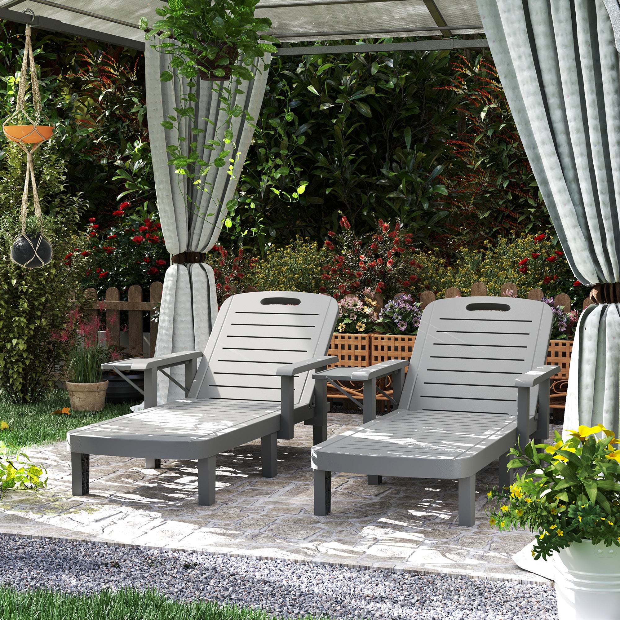 Outsunny Set of 2 Resin Reclining Sun Loungers for Garden, 5 Positions ...