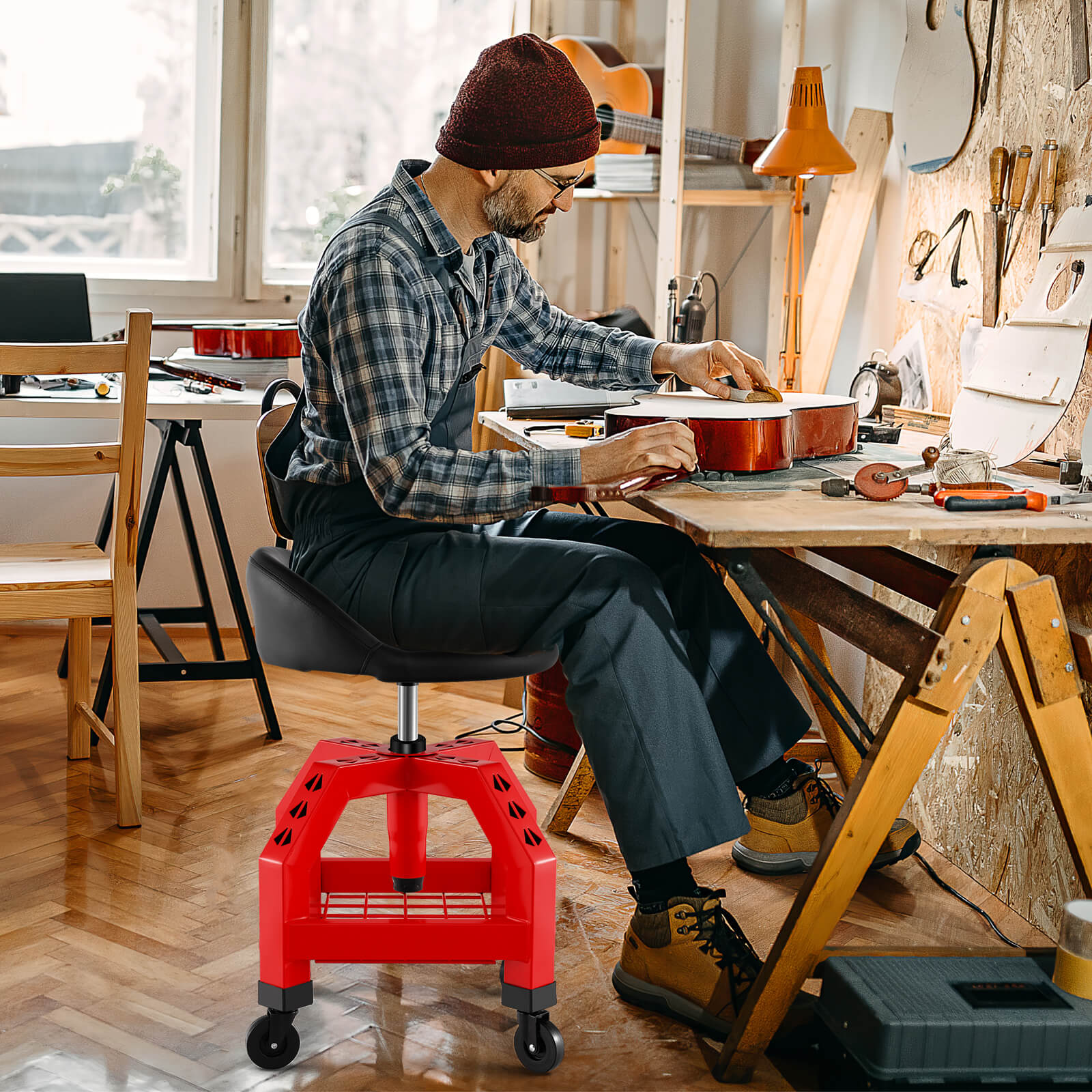 Rolling Seat Mechanic Stool Chair Height Adjustable with Tool Tray-Red ...