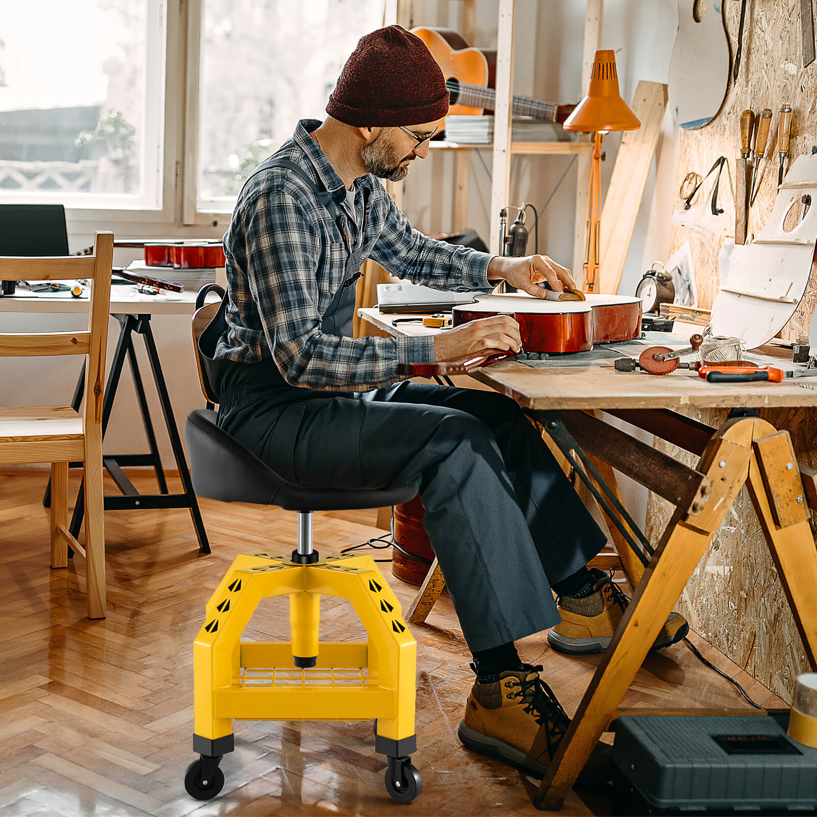 Rolling Seat Mechanic Stool Chair Height Adjustable with Tool Tray-Yel ...
