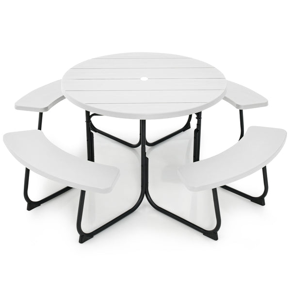 8-person Round Picnic Table Bench Set with 4 Benches and Umbrella Hole ...