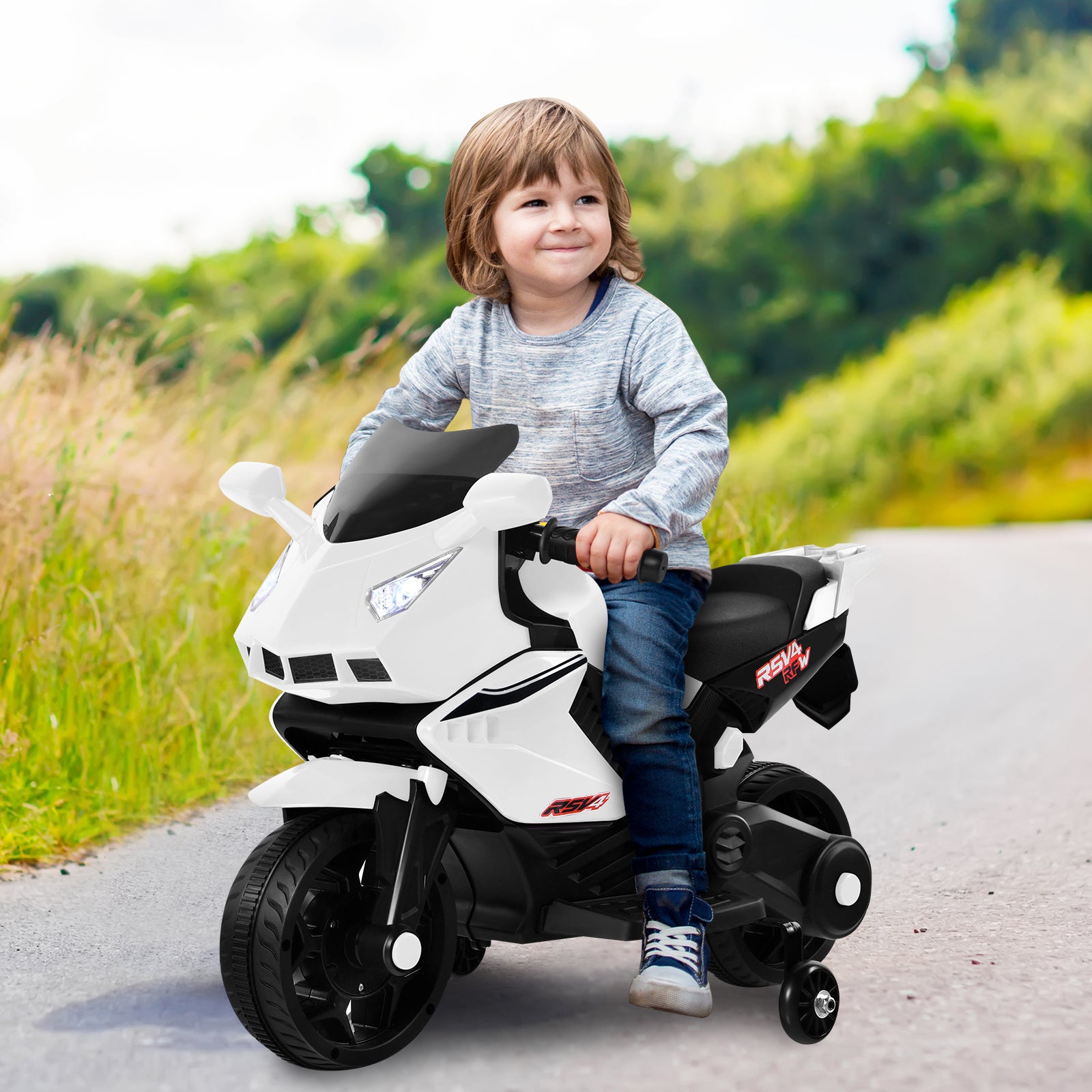 Kids Electric Ride on Motorcycle with 2 Training Wheels-White – GardenArch