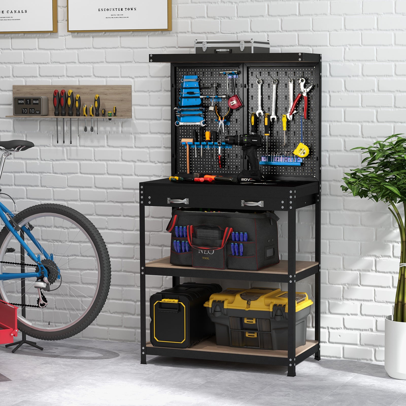 Tool Storage Workbench with Pegboard Shelves and Drawers-Blue – GardenArch