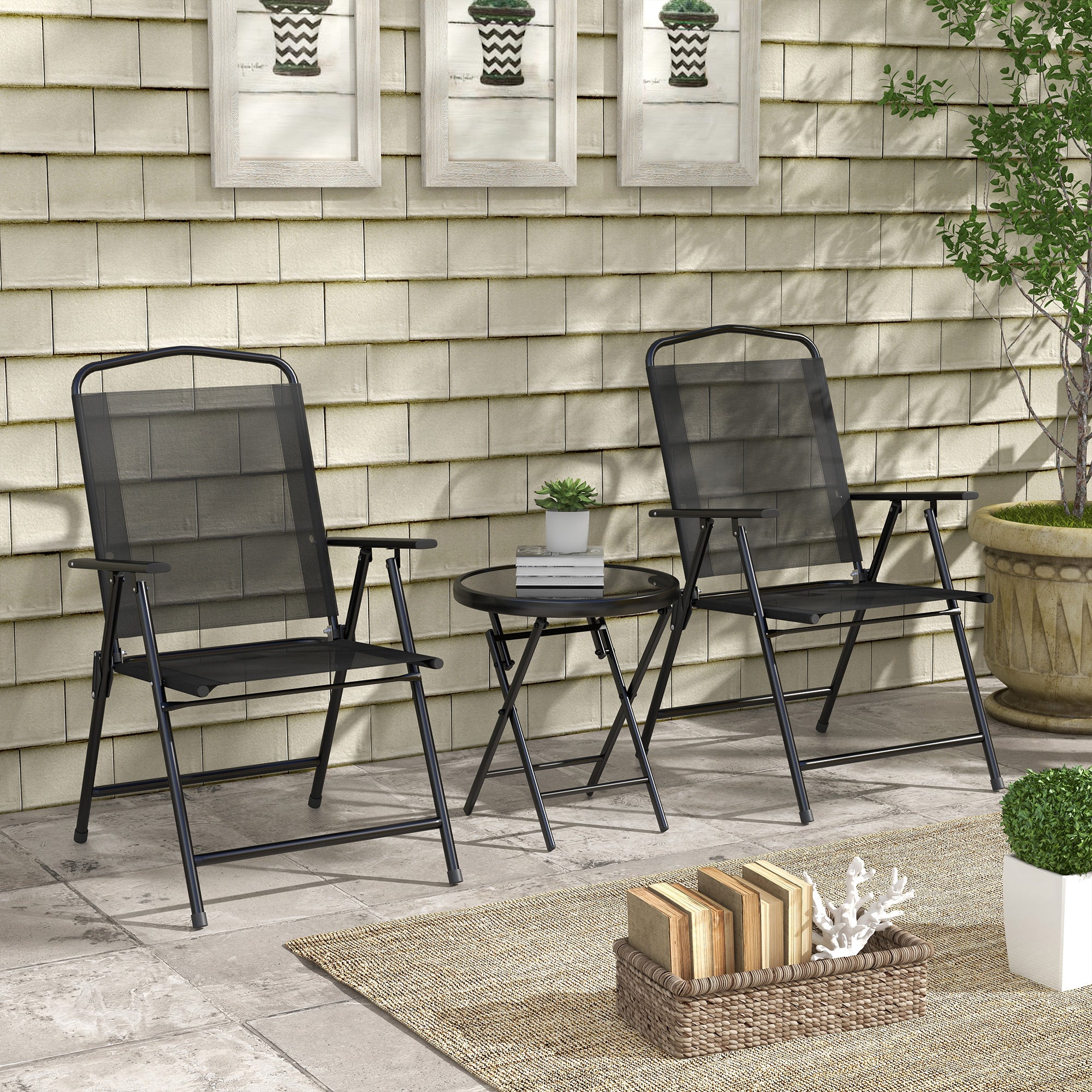 Outsunny Three-Piece Garden Seat Set, with Glass-Top Table - Black ...