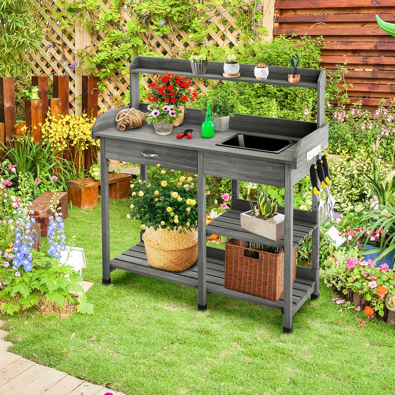 Wooden Potting Bench with Drawer Hooks and Dry Sink-Grey – GardenArch