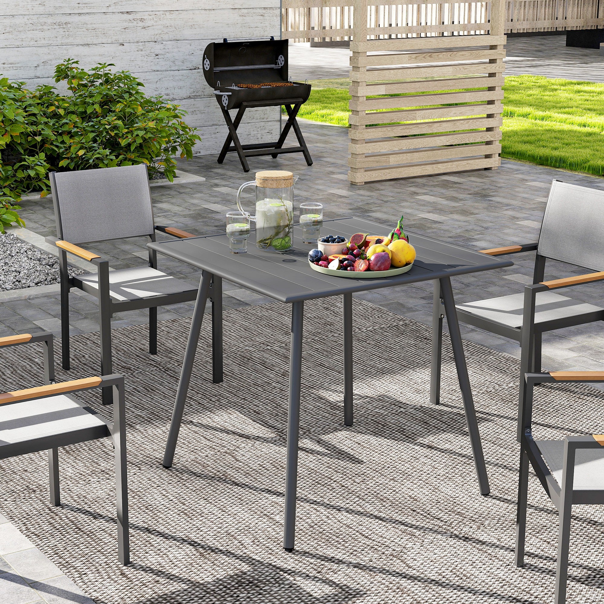 Outsunny Square Garden Table with Slat Top, Steel Frame, Outdoor Table ...