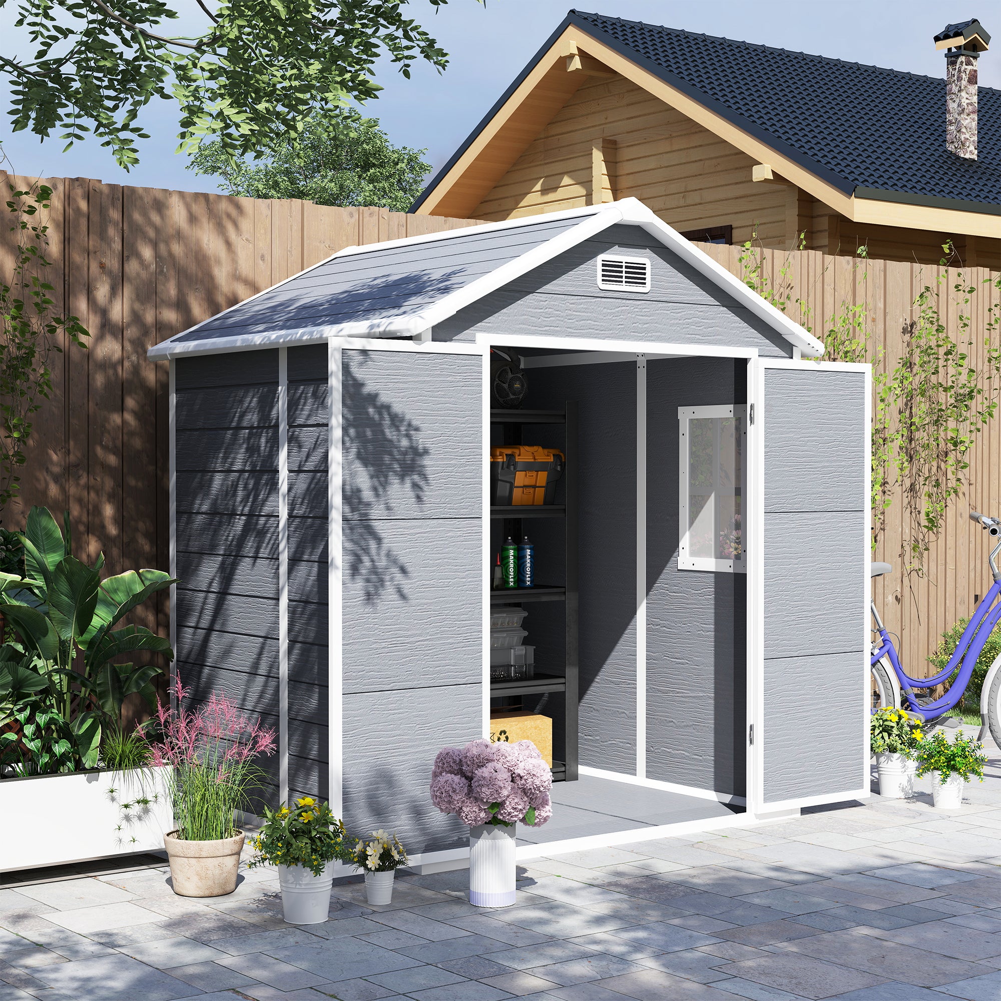 Outsunny 6 x 5ft Garden Shed, Plastic Shed with Floor, Window, Lockabl ...