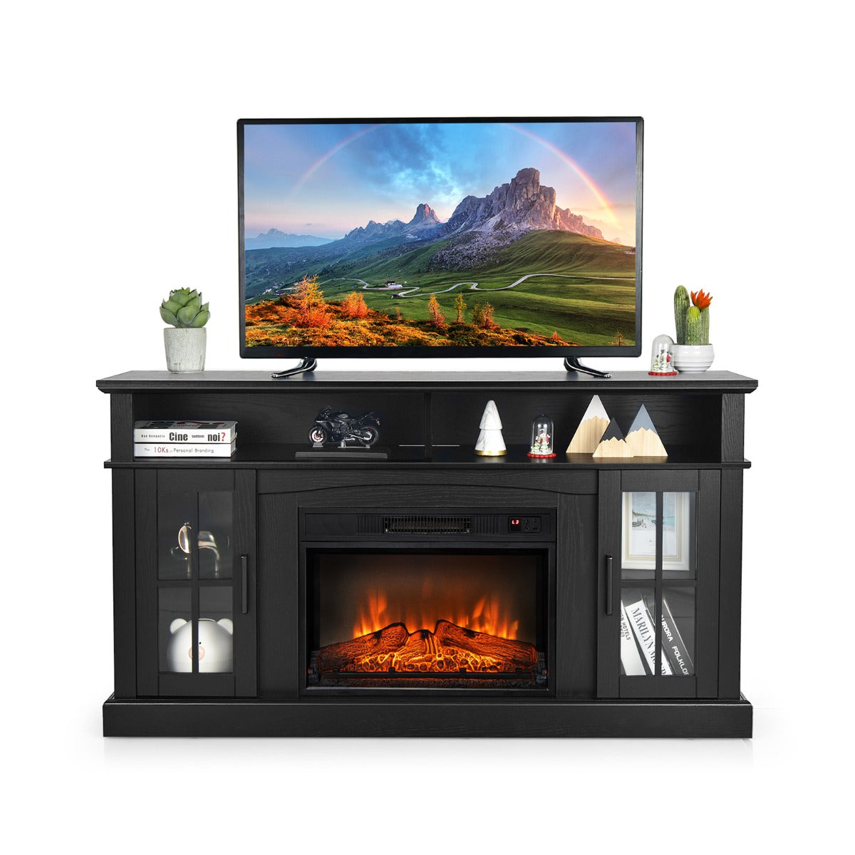58 Inch Rustic Fireplace TV Stand with 2 Open Storage Compartments-Bla ...
