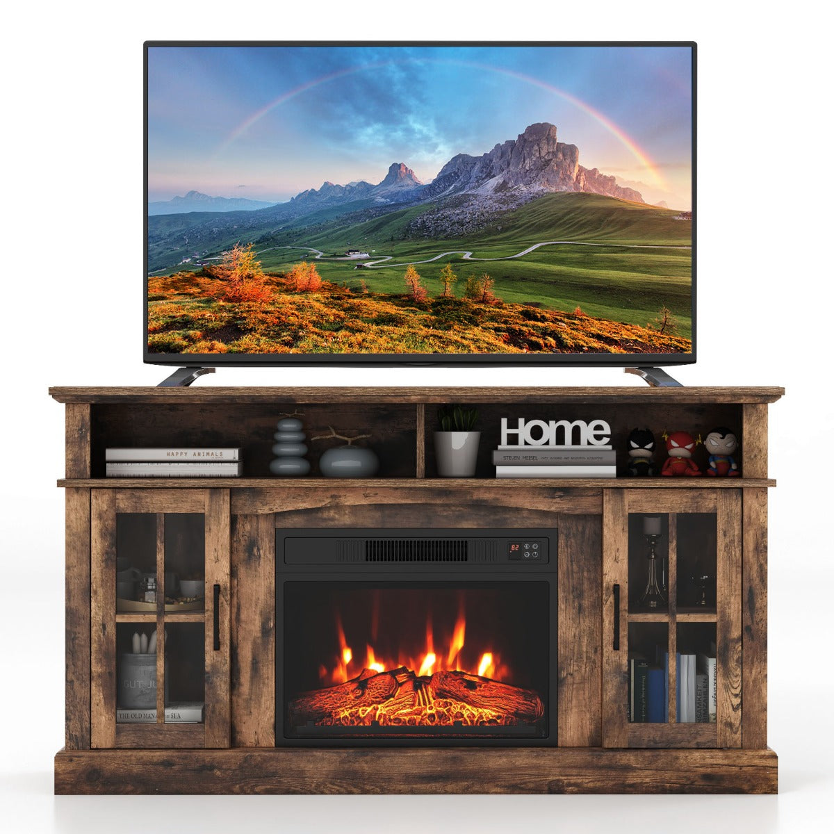 58 Inch Rustic Fireplace TV Stand with 2 Open Storage Compartments-Bro ...