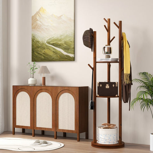 Freestanding Wooden Coat Tree with 3 Display Storage Shelves and 9 Hoo ...