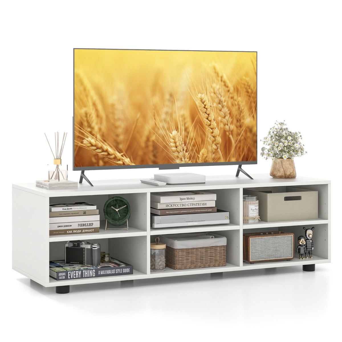 6-Cubby TV Stand TV Console Table with Adjustable Shelves-White ...