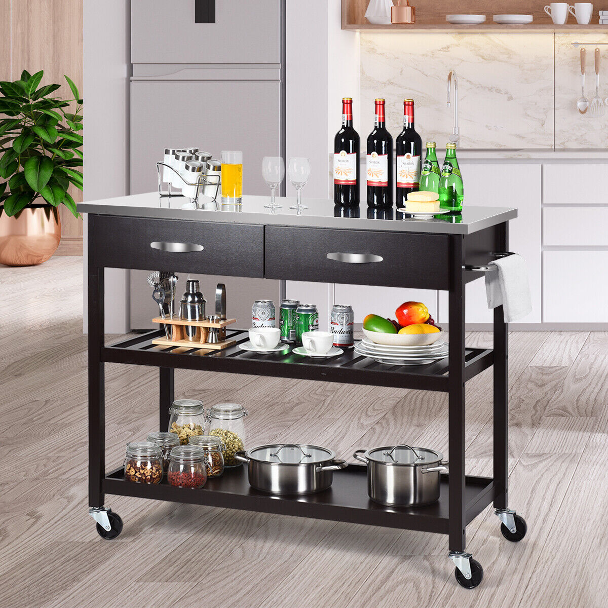 Rolling Kitchen Storage Trolley with 2 Drawers and Towel Bar-Brown ...