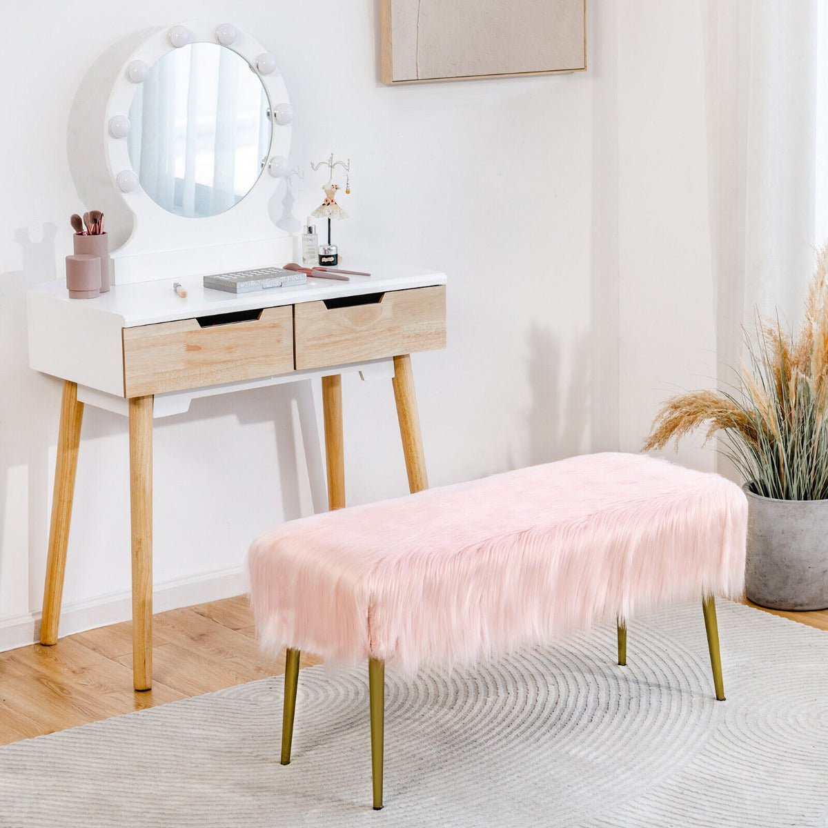 Rectangular Upholstered Furry Faux Fur Footrest with Golden Metal Legs ...