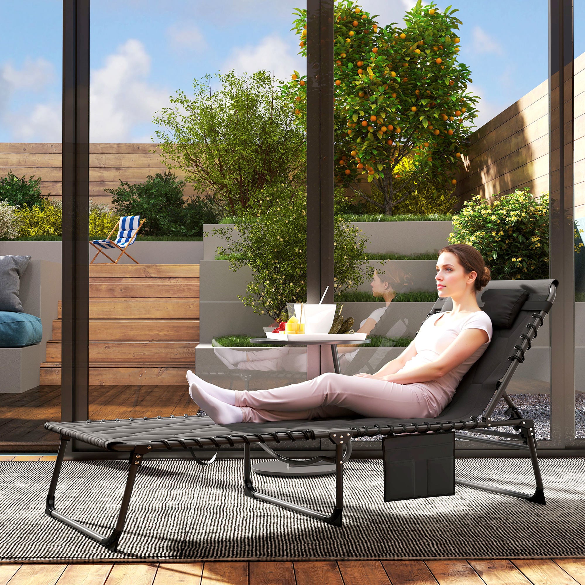 Outsunny Padded Sun Lounger, with Five-Position Reclining Back - Black ...