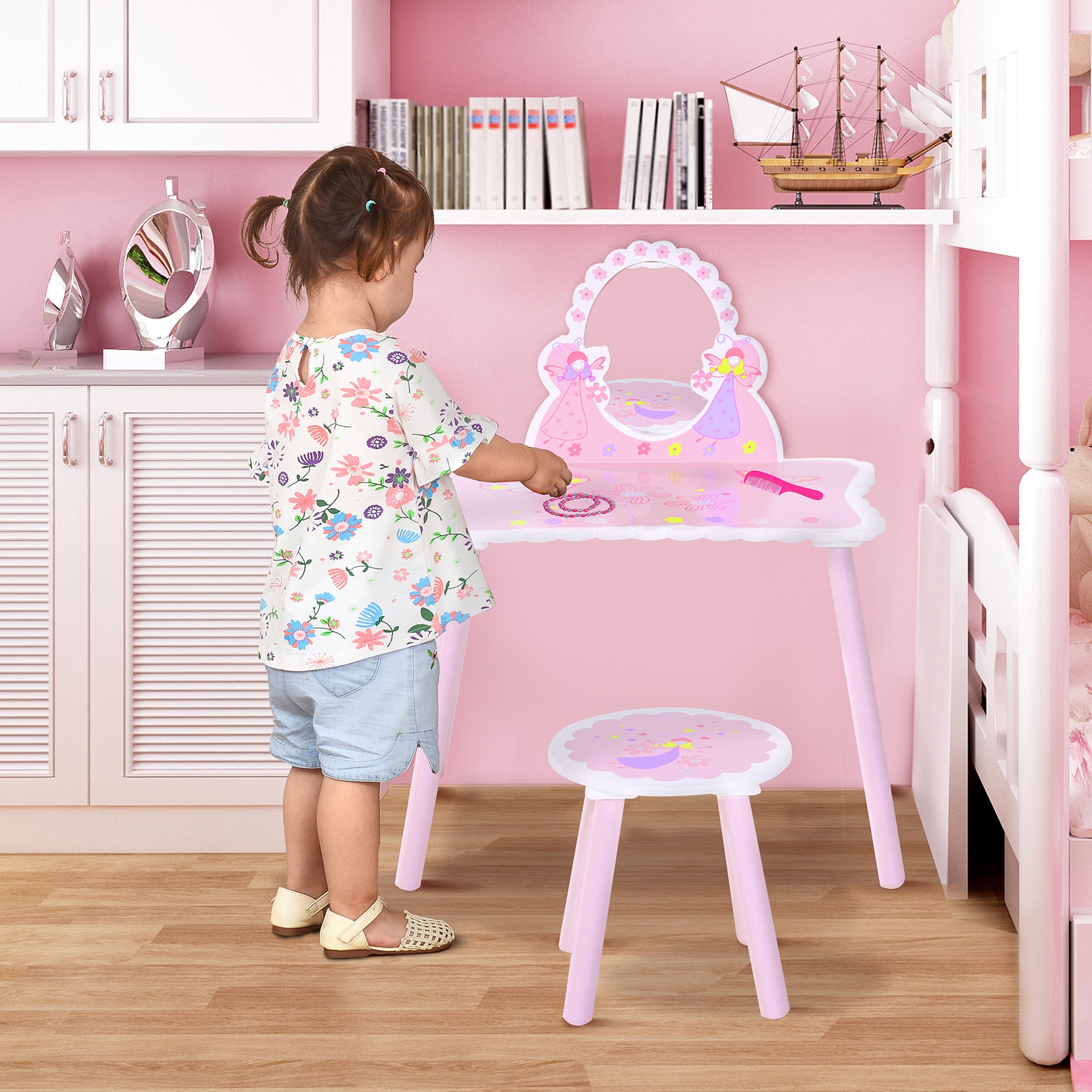 HOMCOM Kids Dressing Table Girls Pink Wooden Kids Dressing Table & Sto ...