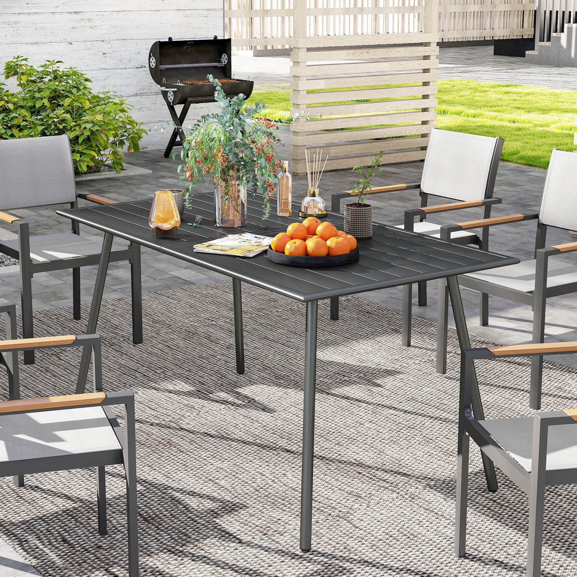 Outsunny Rectangle Garden Table with Slat Top, Steel Frame, Outdoor Ta ...