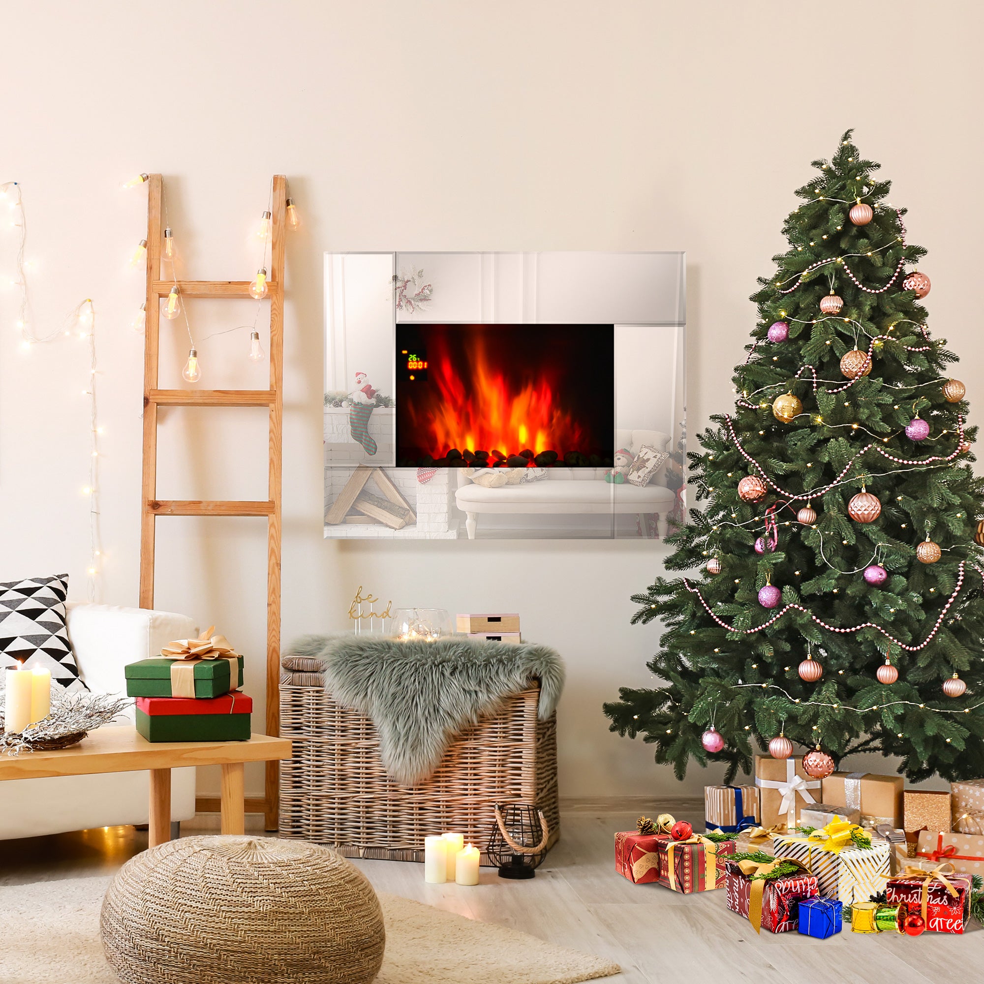 HOMCOM 1800W Wall Mounted Electric Fireplace Heater 7 Coloured LED Lig ...