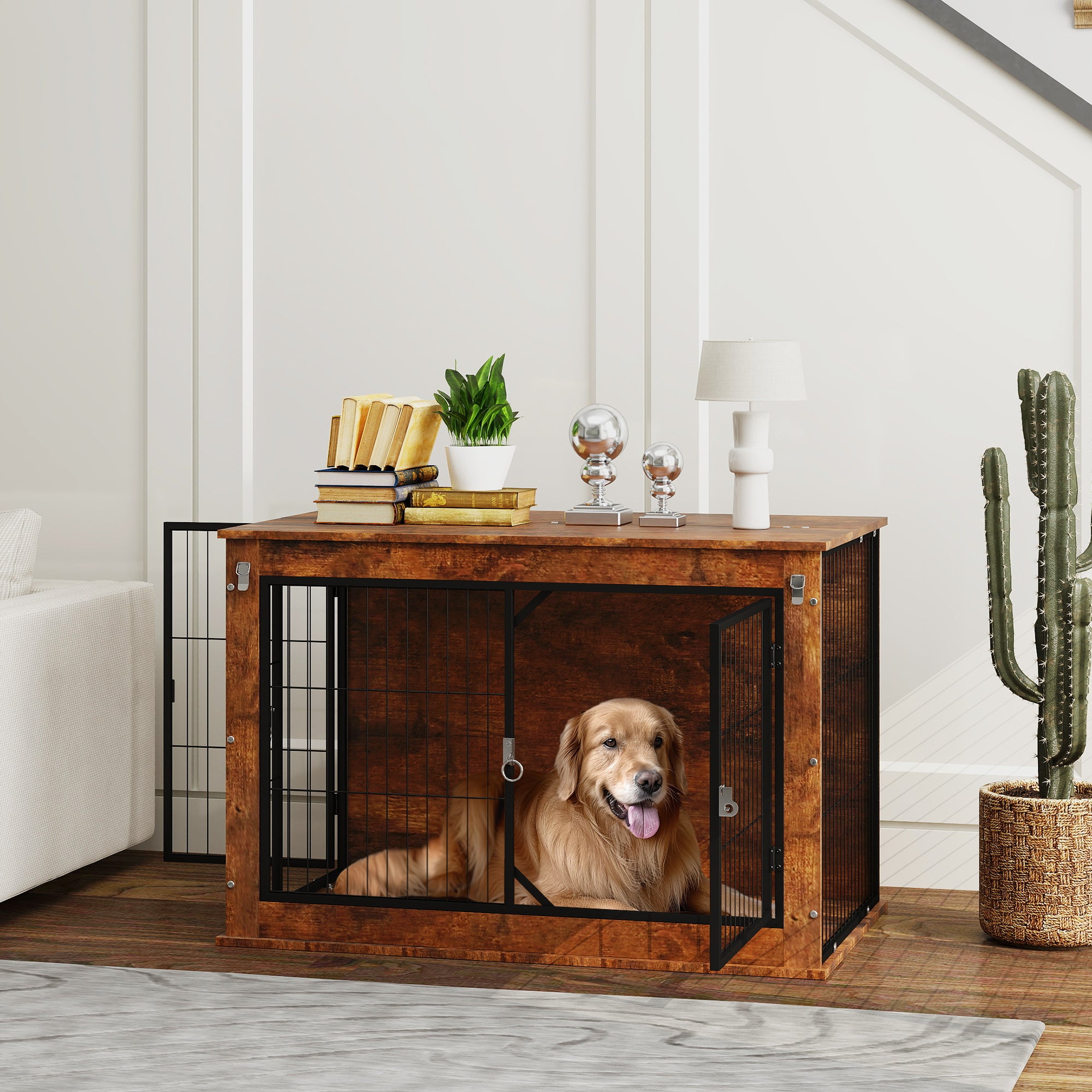 PawHut Dog Crate Furniture with Openable Top, Two Doors, for Large Dog ...