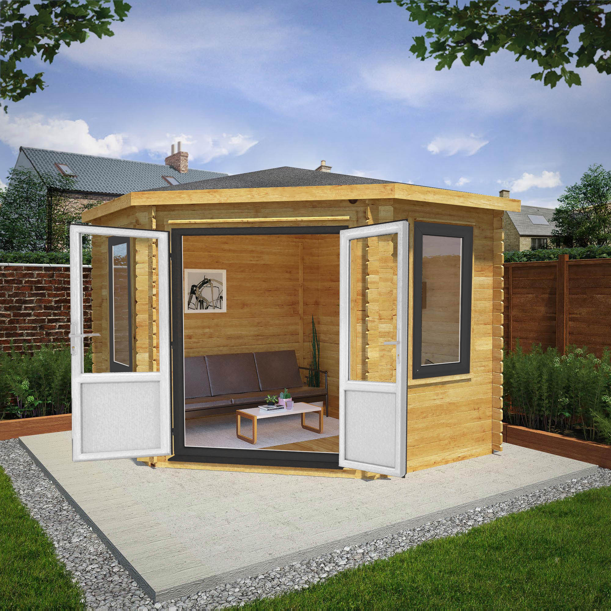 3M X 3M Corner Cabin - 44Mm (Upvc Windows & Door) - Grey – Gardenarch