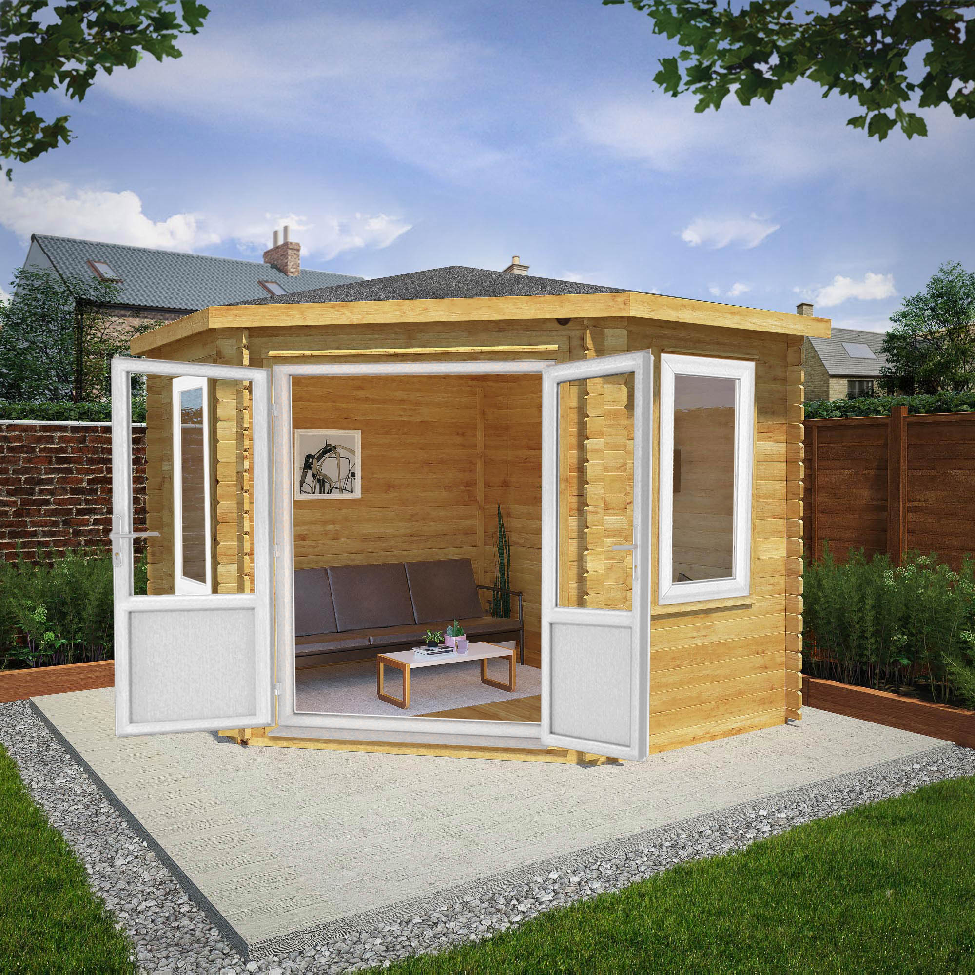 3M X 3M Corner Cabin - 44Mm (Upvc Windows & Door) - White – GardenArch