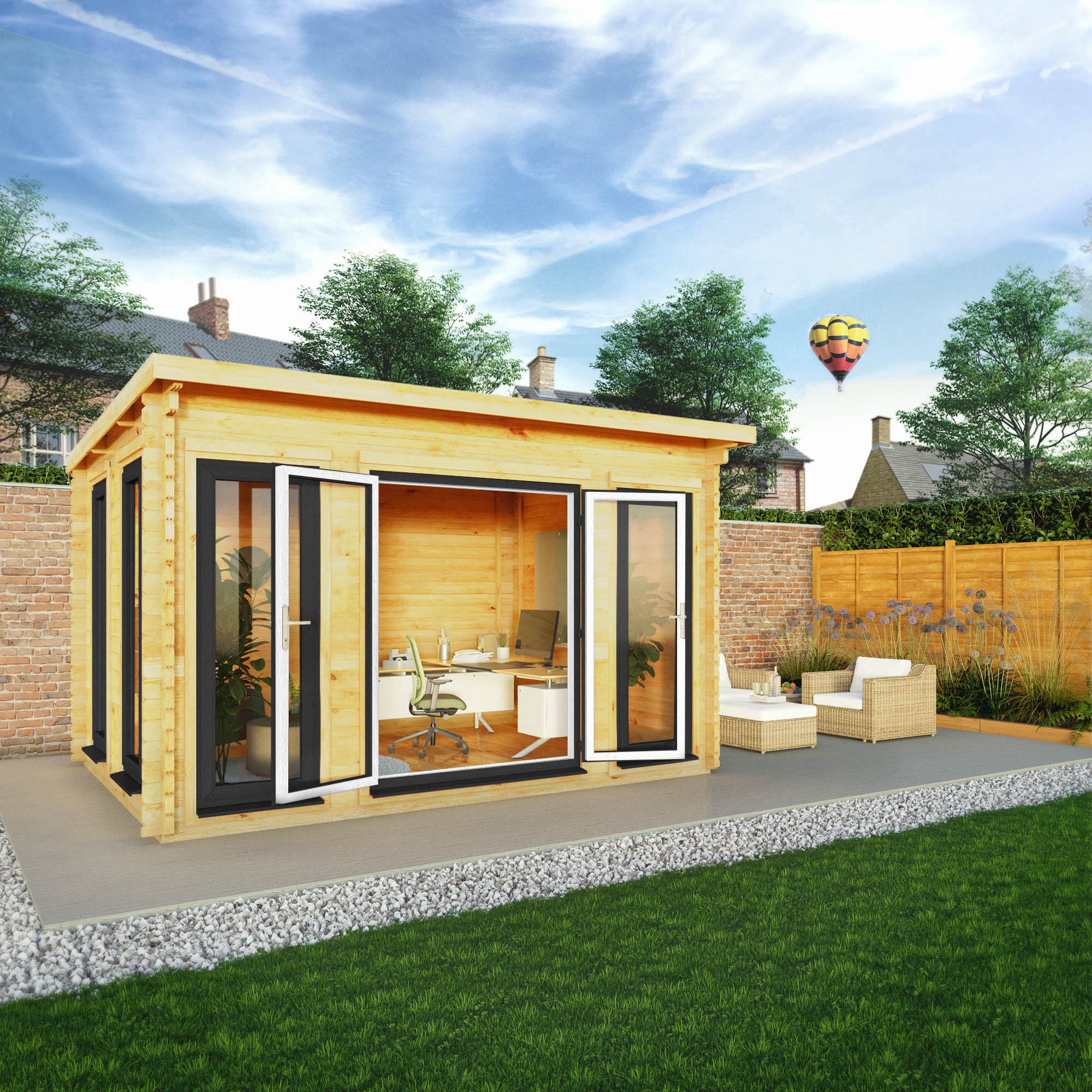 4M X 3M Studio Pent Log Cabin - 44Mm (Upvc Windows & Door) - Grey ...