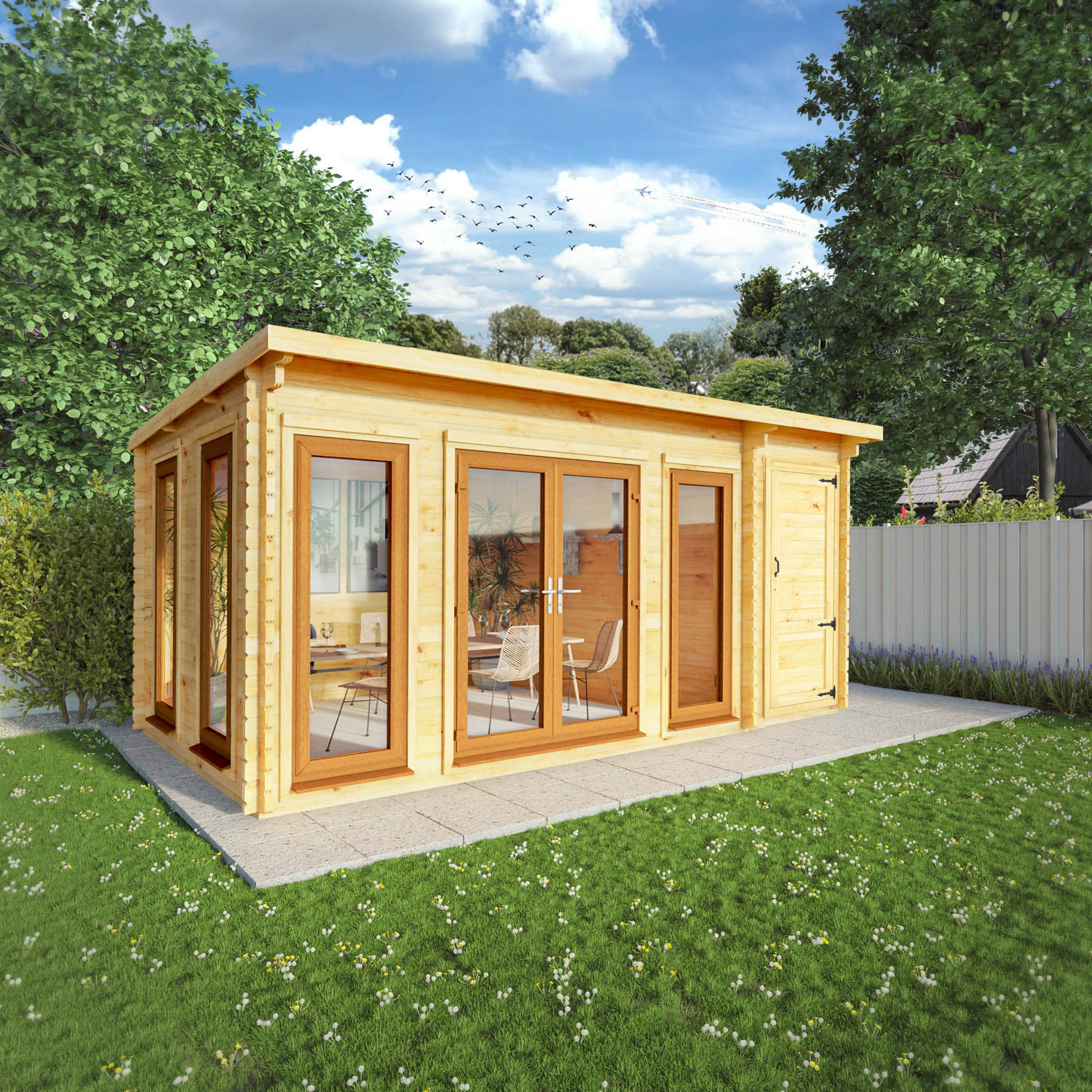 5.1M X 3M Studio Pent Log Cabin With Side Shed - 44Mm (Upvc Windows
