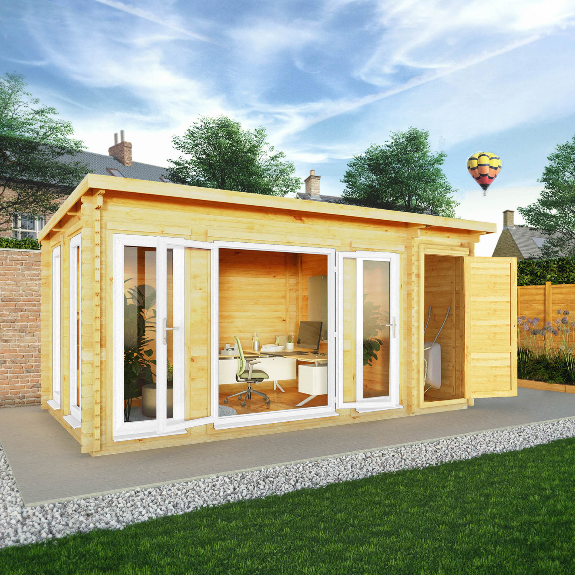 5.1M X 3M Studio Pent Log Cabin With Side Shed - 44Mm (Upvc Windows ...