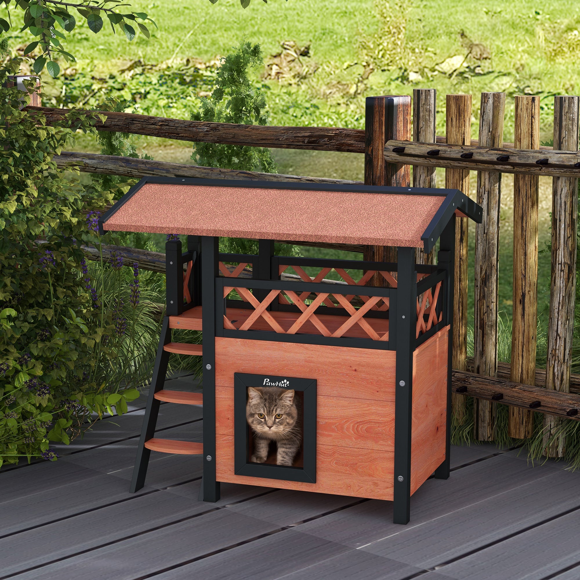 PawHut Cat House Outdoor with Balcony Stairs Roof, 77 x 50 x 73 cm, Br ...