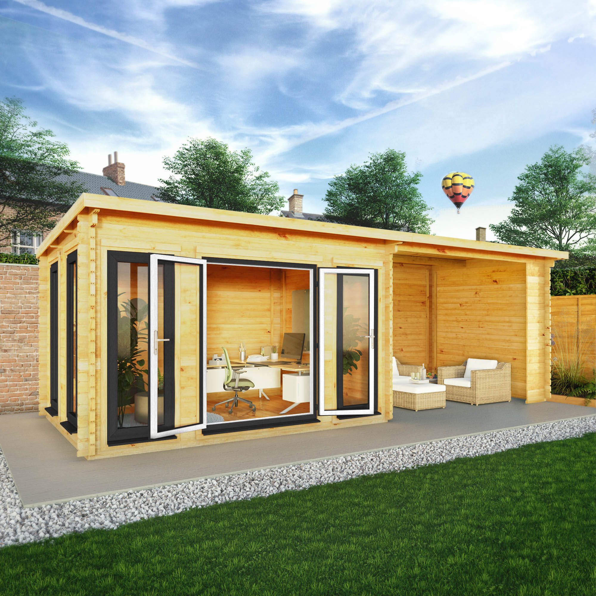 7M X 3M Studio Pent Log Cabin With Patio Area - 44Mm (Upvc Windows & D ...