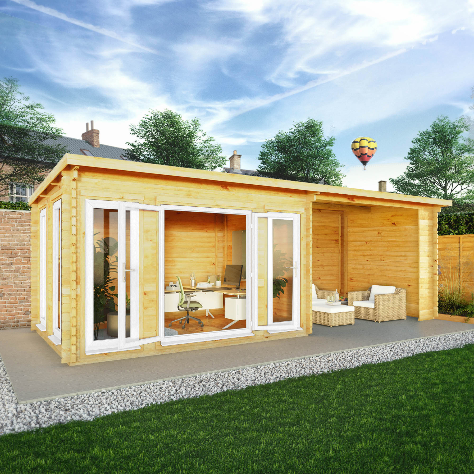 7M X 3M Studio Pent Log Cabin With Patio Area - 44Mm (Upvc Windows & D ...