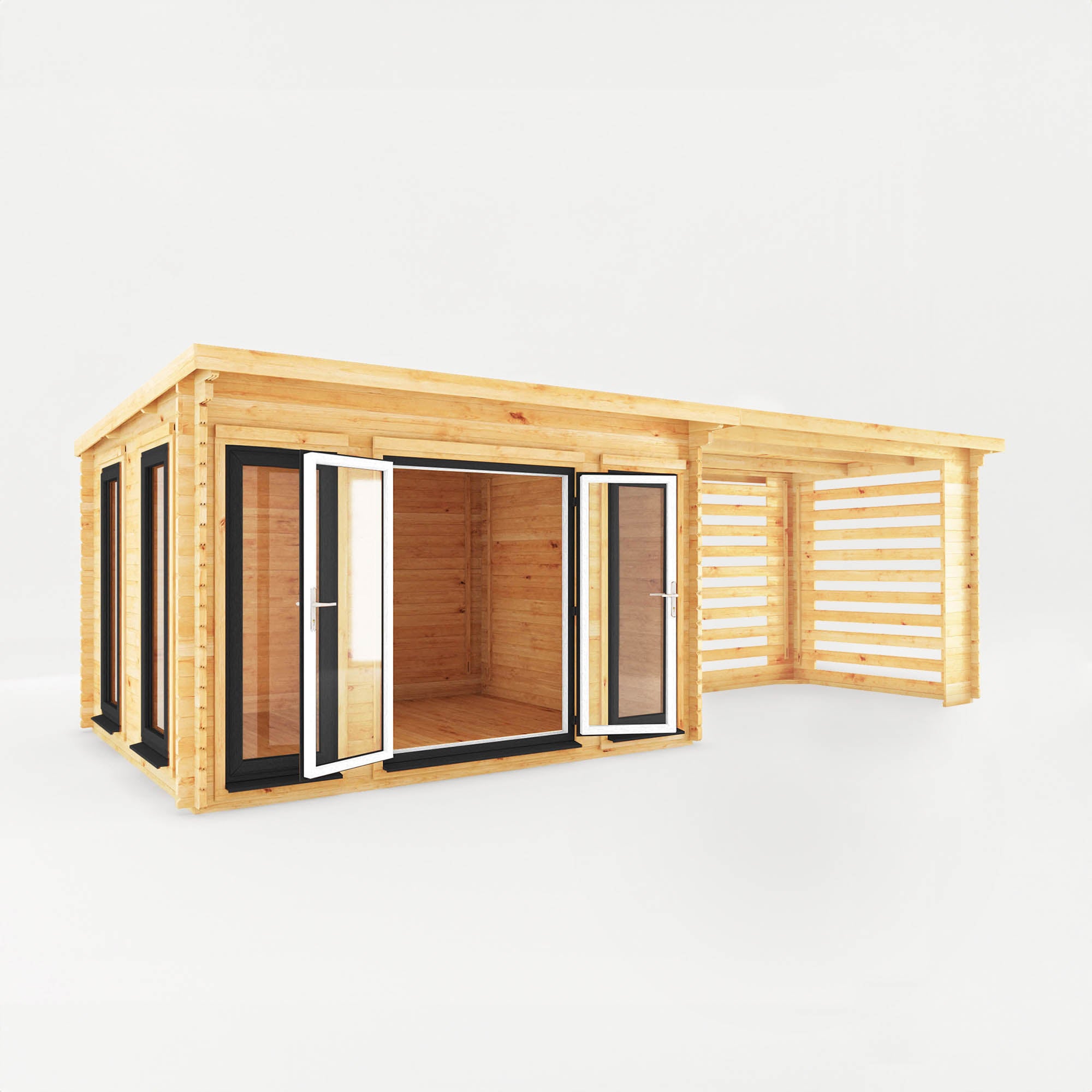 7M X 3M Studio Pent Log Cabin With Slatted Area - 44Mm (Upvc Windows ...