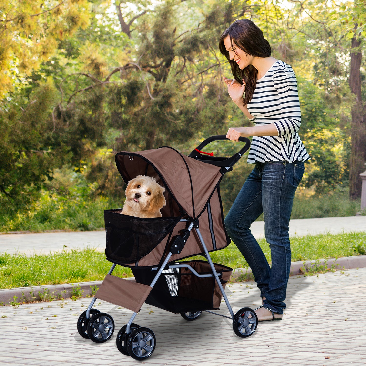 PawHut Dog Pram Pet Stroller Foldable Dog Pushchair with Wheels Zipper ...