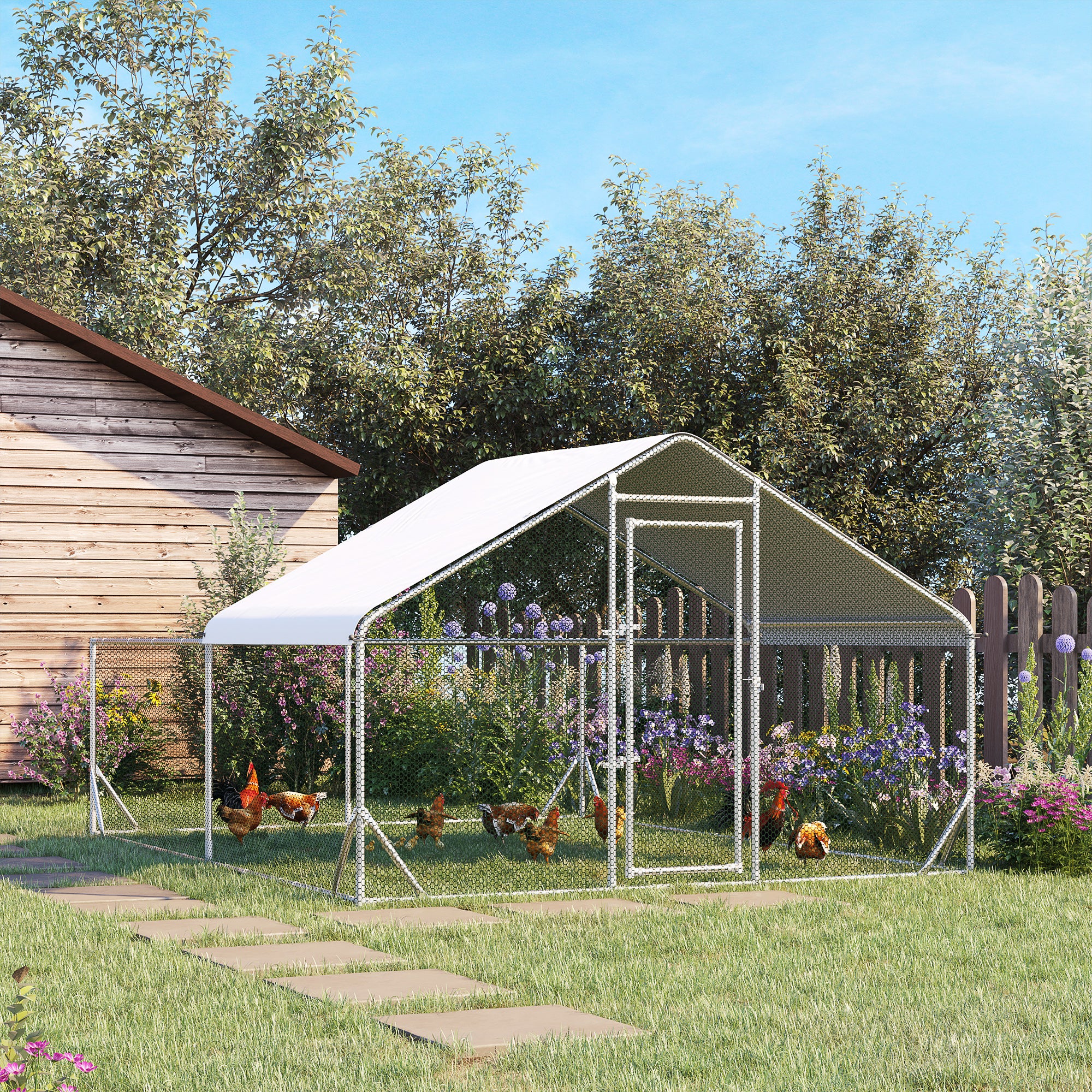 PawHut Walk In Chicken Run, Galvanized Chicken Coop Outdoor Hen House ...