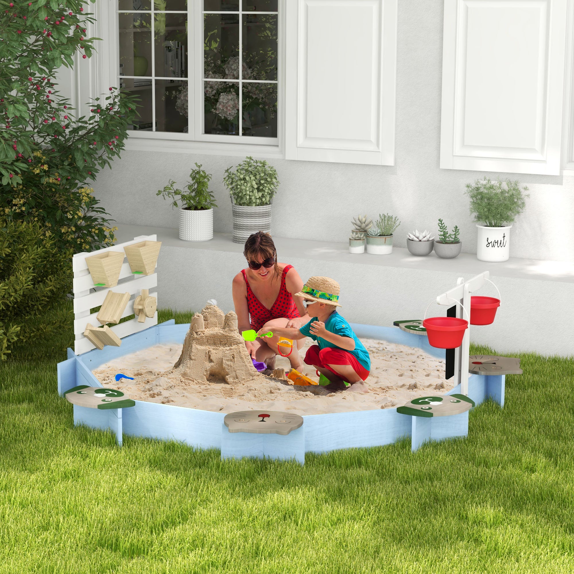 Outsunny Wooden Kids Sandbox with 6 Seats Blue – GardenArch