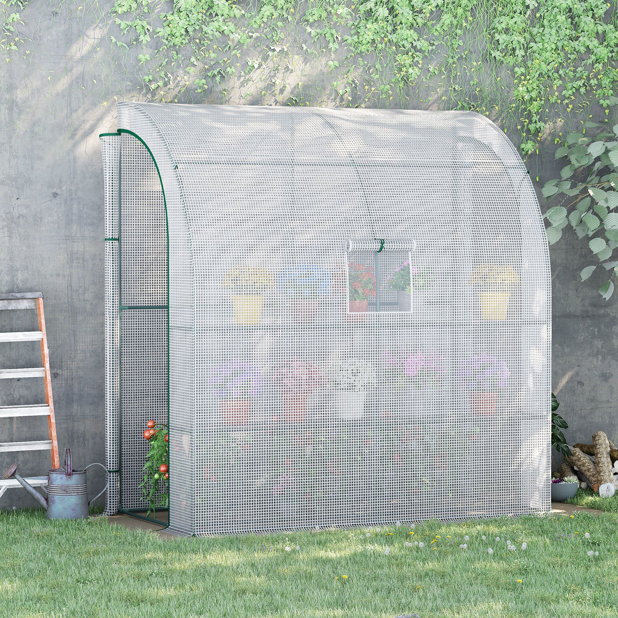 Outsunny Walk-In Lean to Polytunnel Greenhouse with Windows and Doors ...